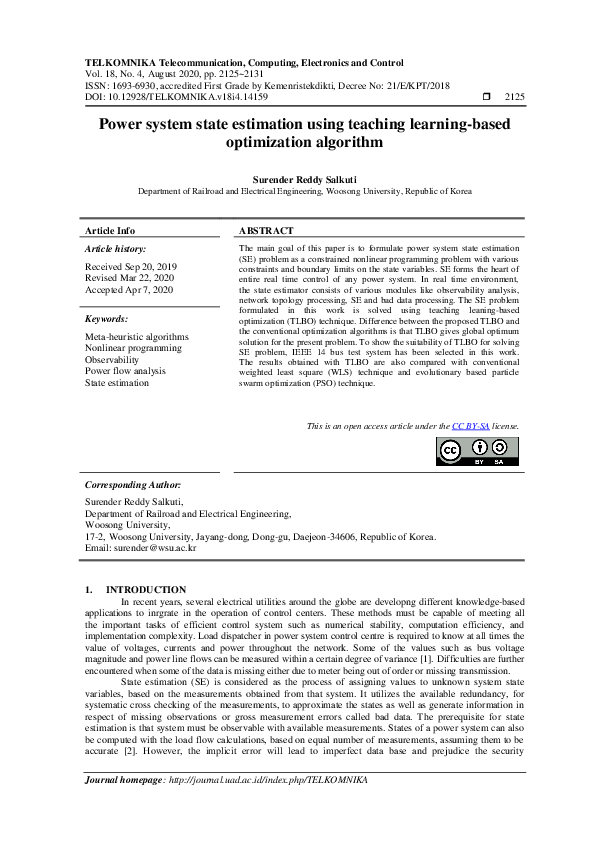 Pdf Power System State Estimation Using Teaching Learning Based