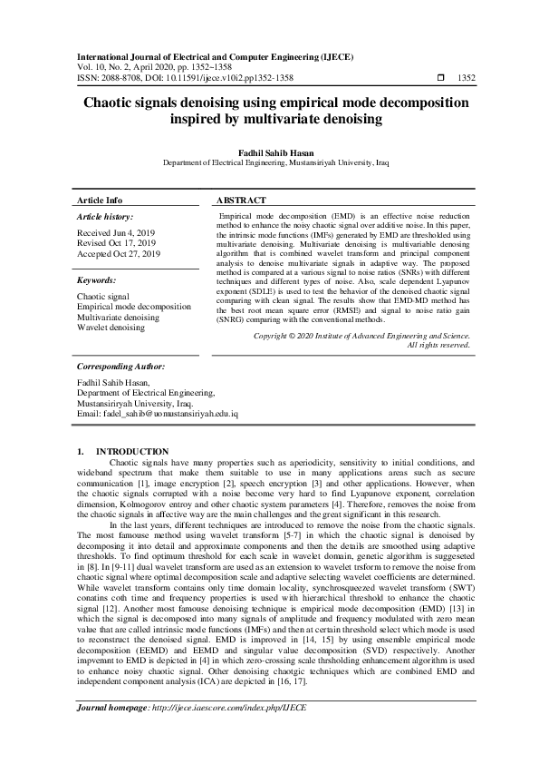 Pdf Chaotic Signals Denoising Using Empirical Mode Decomposition