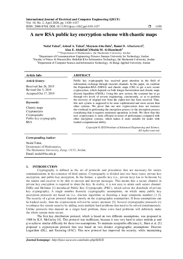 Pdf A New Rsa Public Key Encryption Scheme With Chaotic Maps