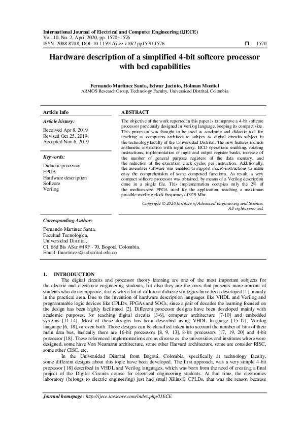 Pdf Hardware Description Of A Simplified 4 Bit Softcore Processor