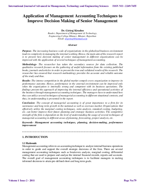 (PDF) Application of Management Accounting Techniques to Improve Decision Making of Senior ...
