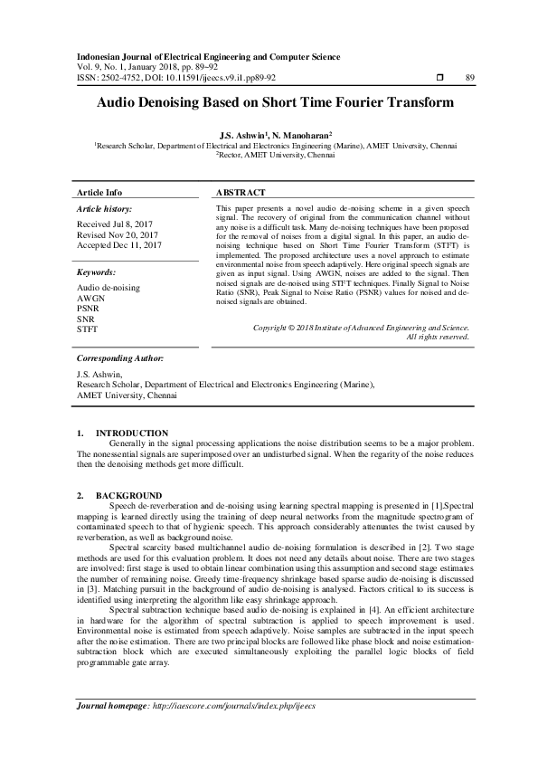 (PDF) Audio Denoising Based on Short Time Fourier Transform