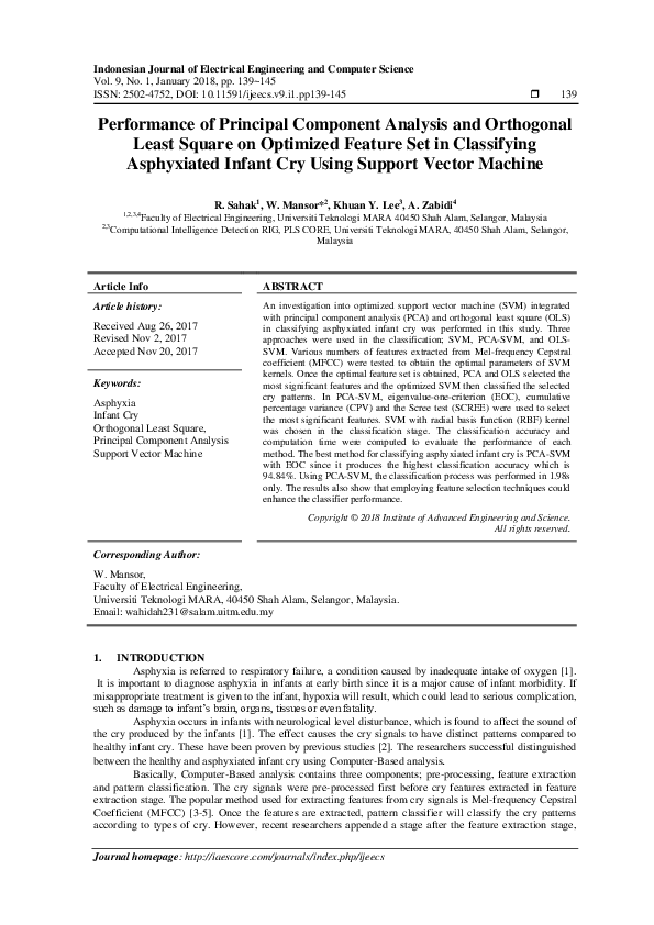 (PDF) Performance of Principal Component Analysis and Orthogonal Least Square on Optimized ...