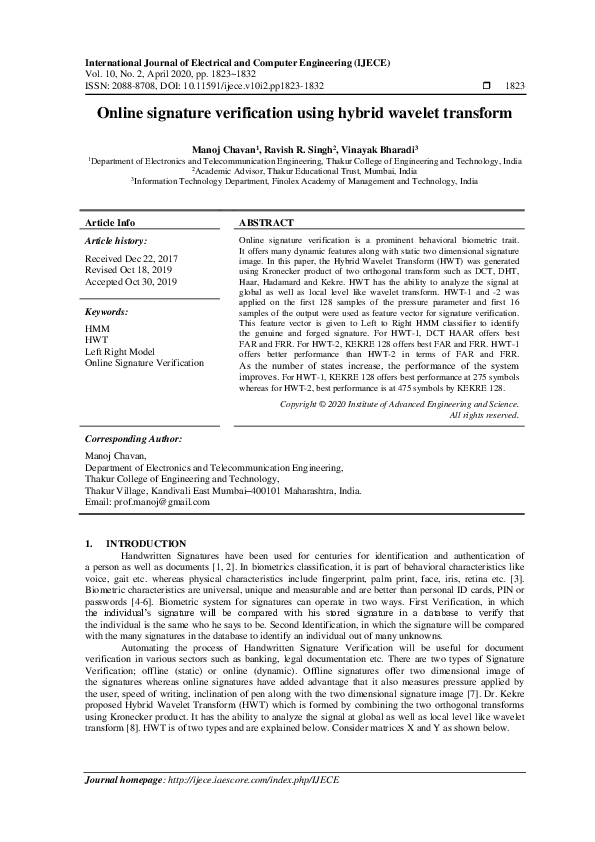 Pdf Online Signature Verification Using Hybrid Wavelet Transform