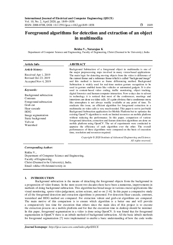 Pdf Foreground Algorithms For Detection And Extraction Of An Object