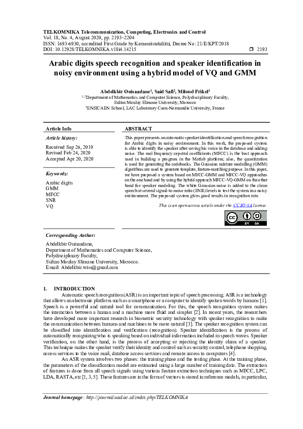 (PDF) Arabic digits speech recognition and speaker identification in noisy environment using a ...