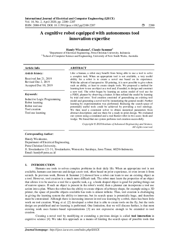 Pdf A Cognitive Robot Equipped With Autonomous Tool Innovation Expertise