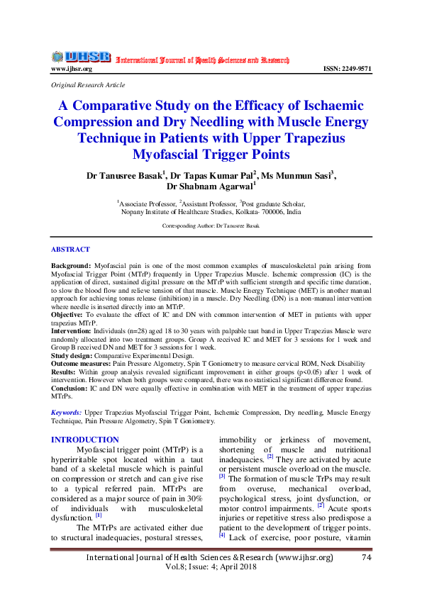 (PDF) Efficacy of integrated neuromuscular ischemic technique in the treatment of upper ...