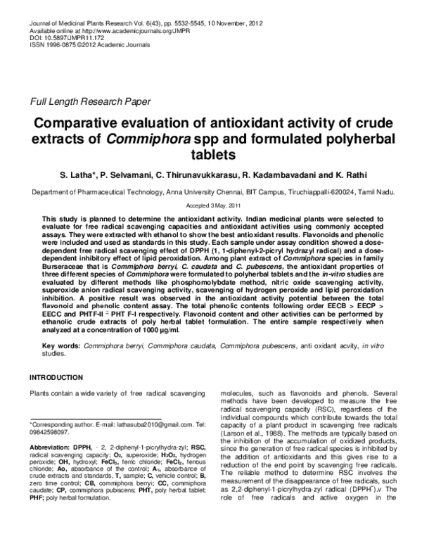 (PDF) Comparative evaluation of antioxidant activity of crude extracts of Commiphora spp and ...