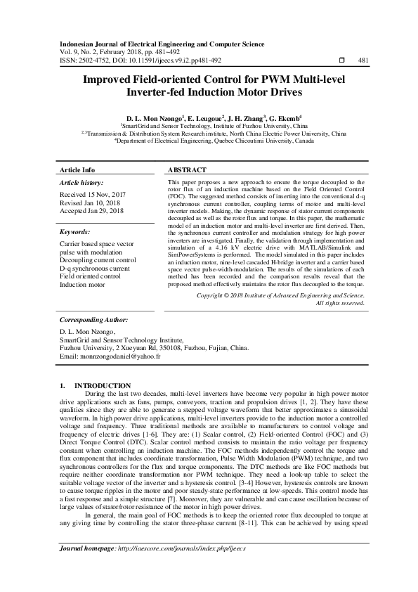 Pdf Improved Field Oriented Control For Pwm Multi Level Inverter Fed Induction Motor Drives 