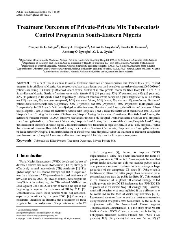 (PDF) Treatment Outcomes of Private-Private Mix Tuberculosis Control Program in South-Eastern ...