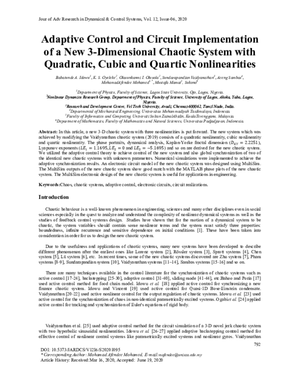 Pdf Adaptive Control And Circuit Implementation Of A New 3 Dimensional Chaotic System With