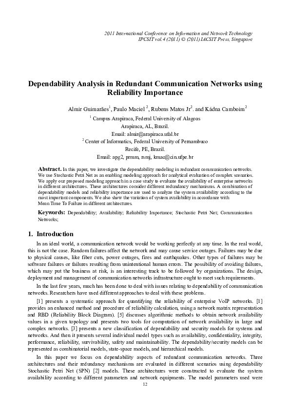 (PDF) Dependability analysis in redundant communication networks using reliability importance