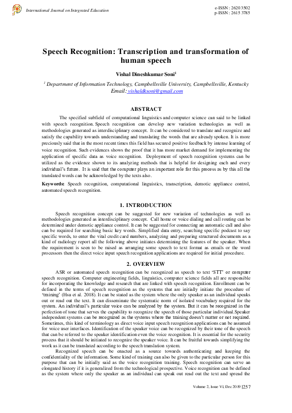 (PDF) Speech Recognition: Transcription and transformation of human speech