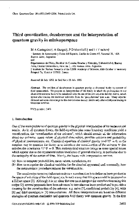 (PDF) Third quantization, decoherence and the interpretation of quantum gravity in minisuperspace