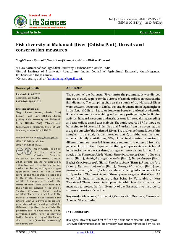 (PDF) Fish Diversity of Mahanadi River (Odisha Part), Threats and ...