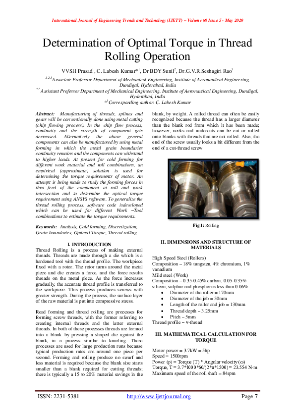(PDF) Determination of Optimal Torque in Thread Rolling Operation