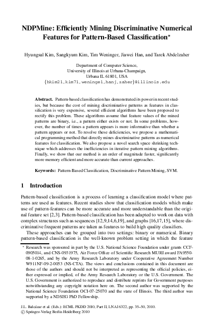 Pdf Ndpmine Efficiently Mining Discriminative Numerical Features For Pattern Based Classification