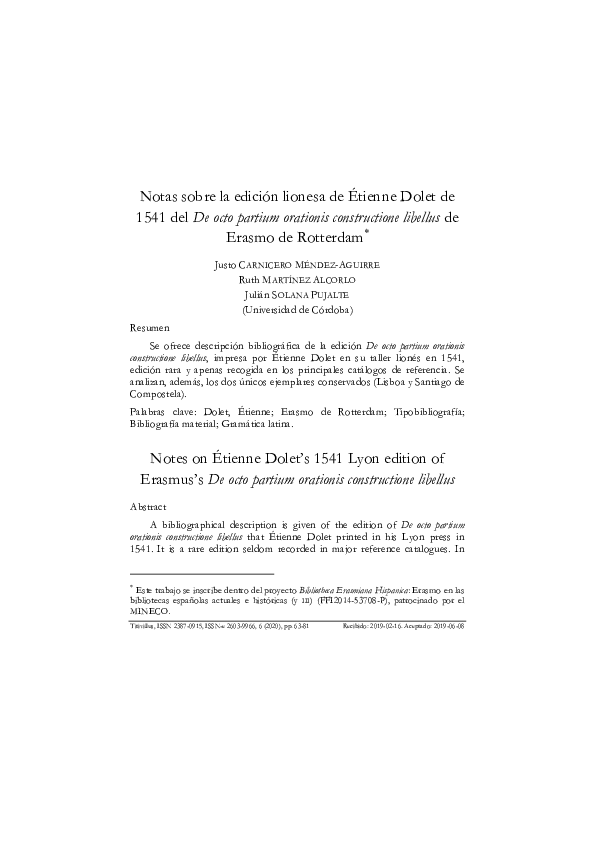 (PDF) Notas sobre la edición lionesa de Étienne Dolet de 1541 del "De octo partium orationis ...