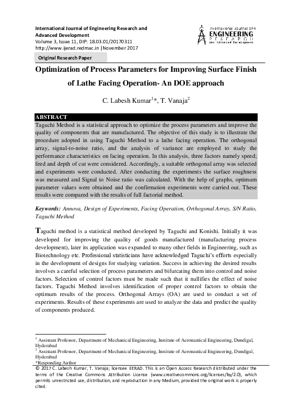 (PDF) Optimization of Process Parameters for Improving Surface Finish of Lathe Facing Operation ...