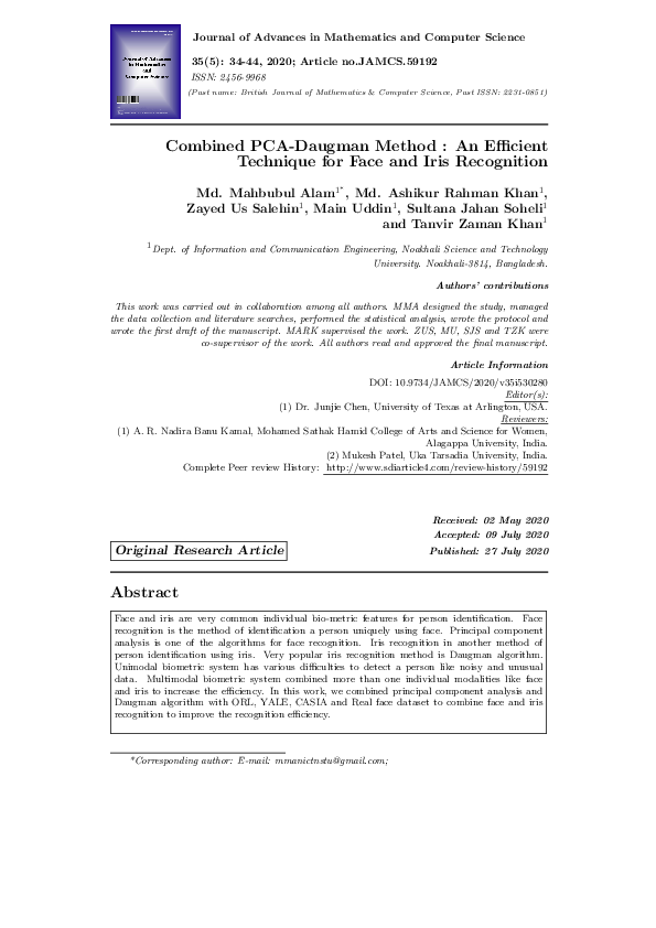 (PDF) Combined PCA-Daugman Method : An Efficient Technique for Face and Iris Recognition