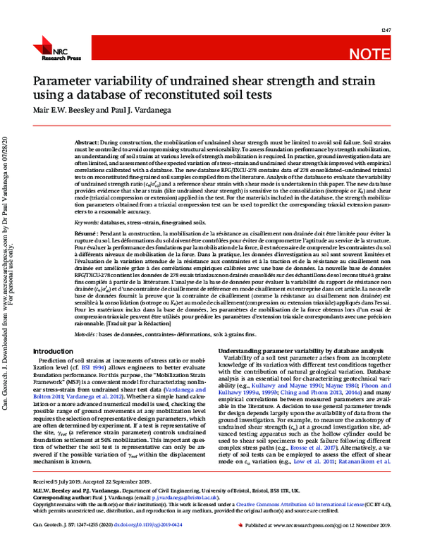 Pdf Parameter Variability Of Undrained Shear Strength And Strain Using A Database Of
