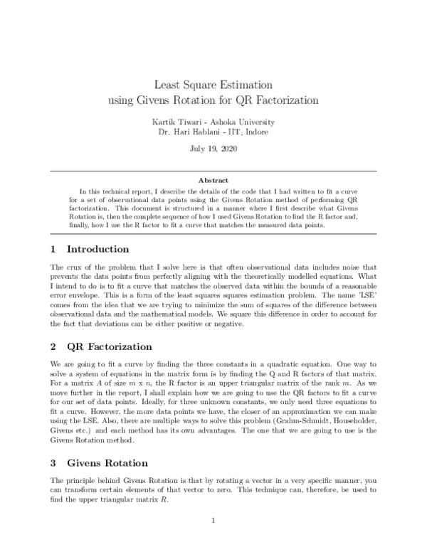 Pdf Least Square Estimation Using Givens Rotation For Qr Factorization