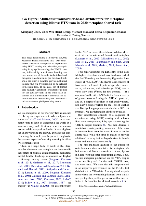 Pdf Go Figure Multi Task Transformer Based Architecture For Metaphor Detection Using Idioms