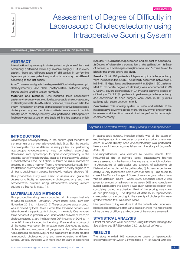 (PDF) Assessment of Degree of Difficulty in Laparoscopic ...