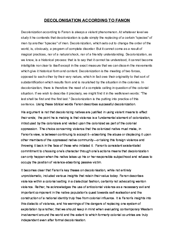 (DOC) DECOLONISATION ACCORDING TO FANON