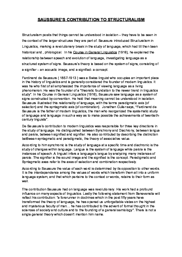 (DOC) SAUSSURE'S CONTRIBUTION TO STRUCTURALISM