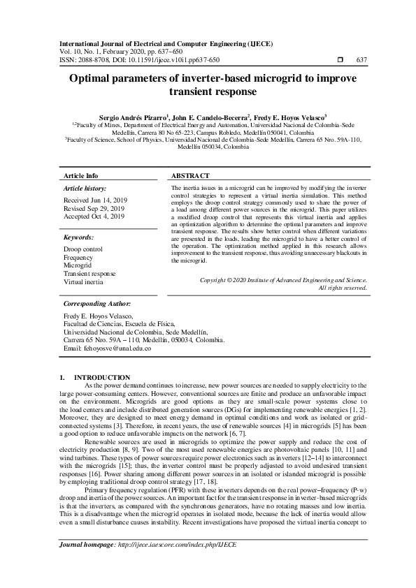 (PDF) Optimal parameters of inverter-based microgrid to improve transient response