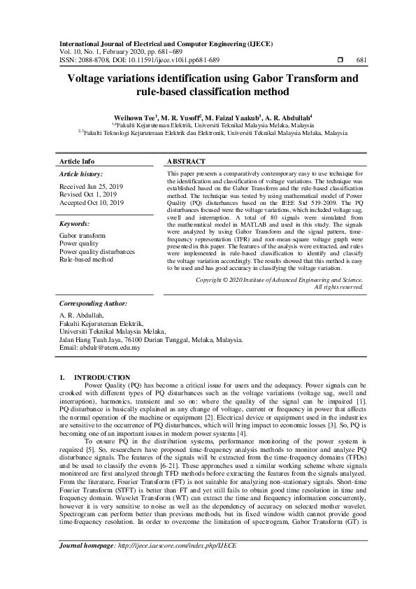 (PDF) Voltage variations identification using Gabor Transform and rule-based classification method