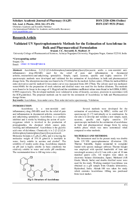(PDF) Validated UV Spectrophotometric Methods for the Estimation of Aceclofenac in Bulk and ...