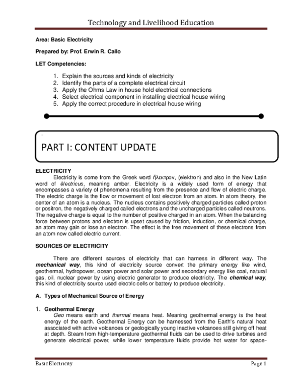 (PDF) Technology and Livelihood Education Basic Electricity Area: Basic ...