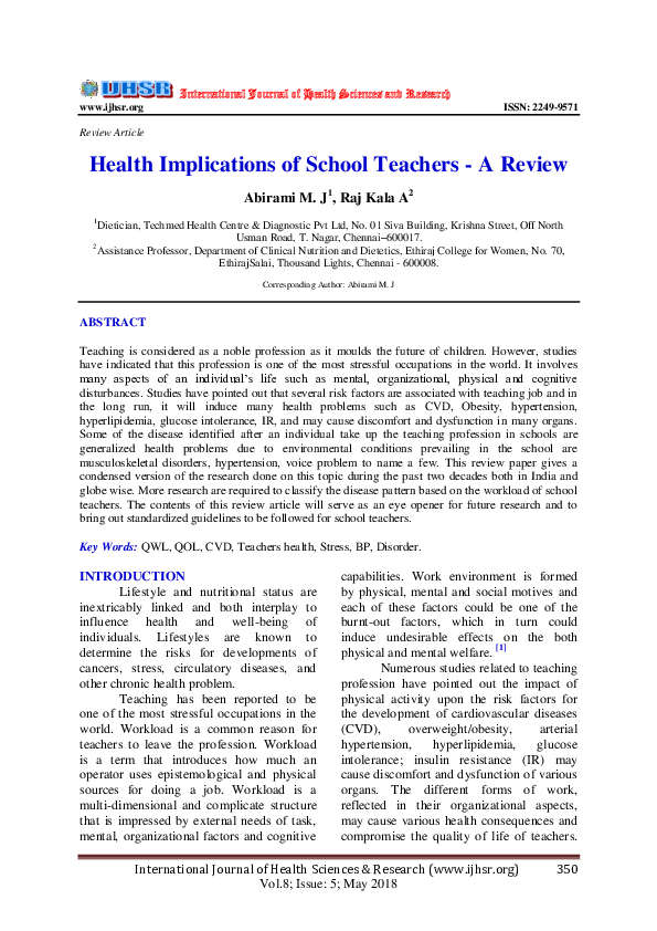 (PDF) Health Implications of School Teachers– A Review