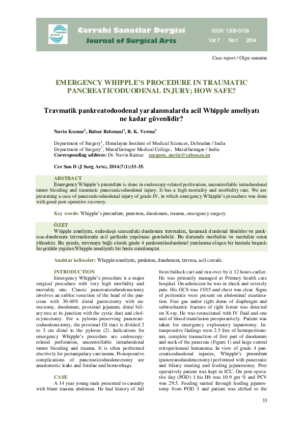 (PDF) EMERGENCY WHIPPLE’S PROCEDURE IN TRAUMATIC PANCREATICODUODENAL ...