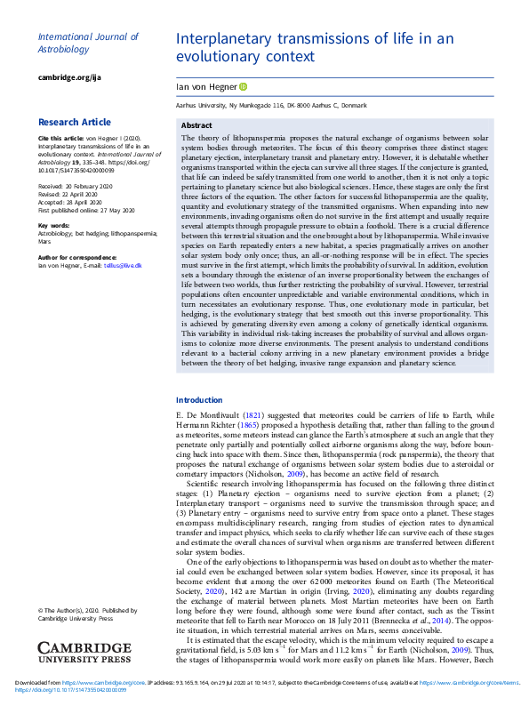 (PDF) Interplanetary transmissions of life in an evolutionary context