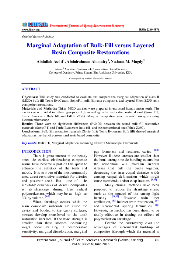 Pdf Marginal Adaptation Of Bulk Fill Versus Layered Resin Composite Restorations