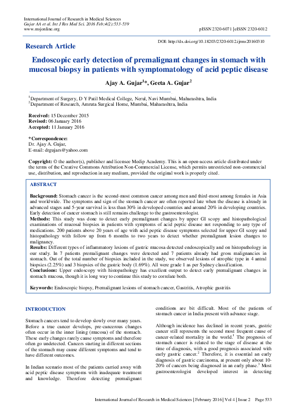 (PDF) Endoscopic early detection of premalignant changes in stomach with mucosal biopsy in ...