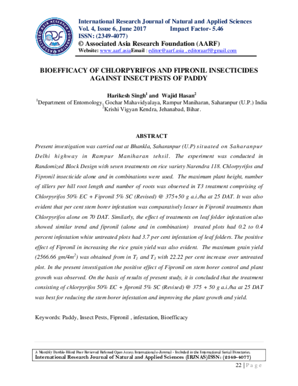(PDF) BIOEFFICACY OF CHLORPYRIFOS AND FIPRONIL INSECTICIDES AGAINST ...