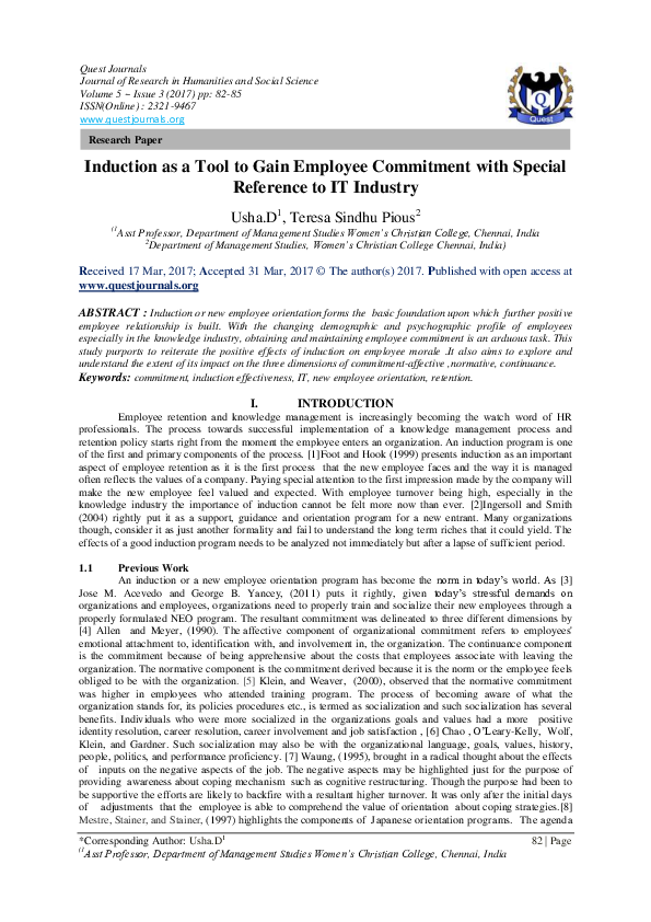 (PDF) Induction as a Tool to Gain Employee Commitment with Special Reference to IT Industry