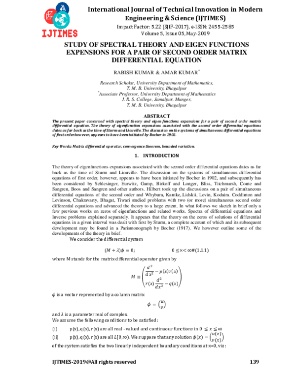 (PDF) STUDY OF SPECTRAL THEORY AND EIGEN FUNCTIONS EXPENSIONS FOR A PAIR OF SECOND ORDER MATRIX ...