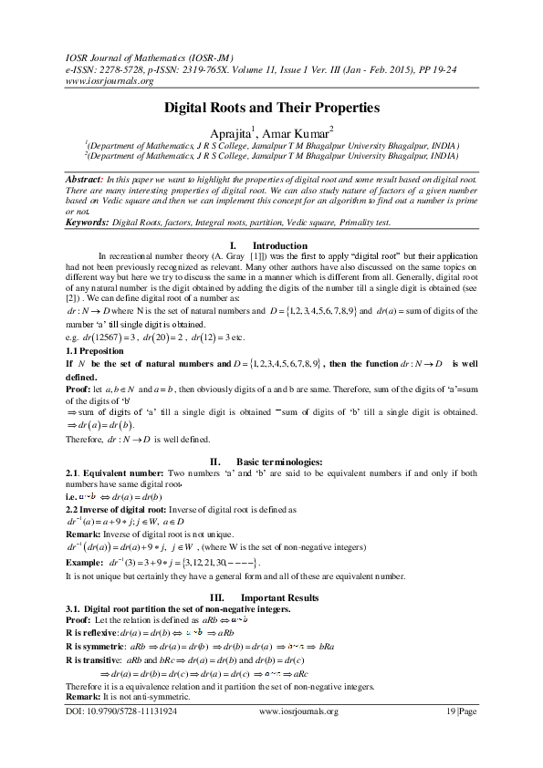 (PDF) Digital Roots and Their Properties