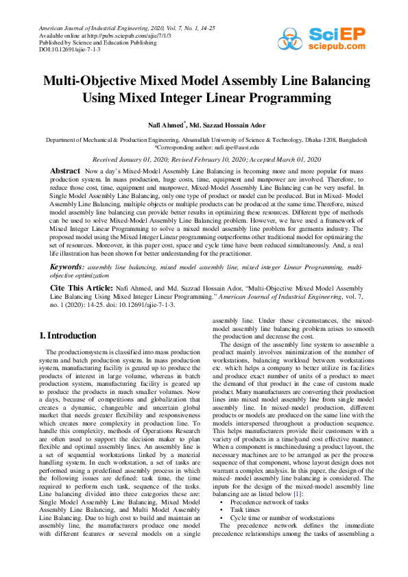 Pdf Multi Objective Mixed Model Assembly Line Balancing Using Mixed Integer Linear Programming