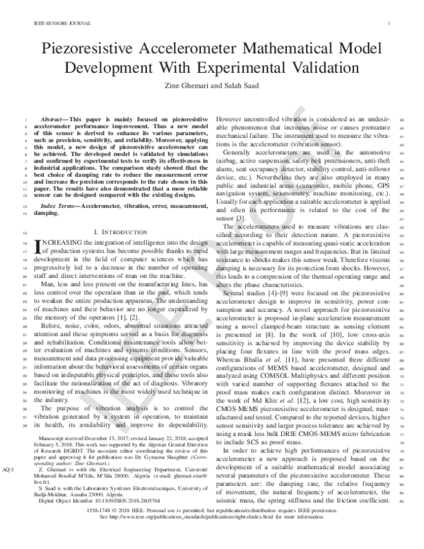 (PDF) Piezoresistive Accelerometer Mathematical Model Development With Experimental Validation