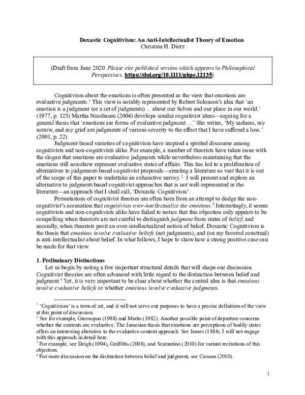 (PDF) Doxastic Cognitivism: An Anti-Intellectualist Theory of Emotion