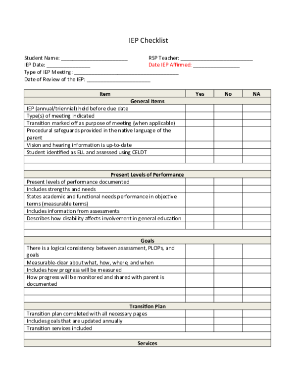 (DOC) IEP Review Checklist