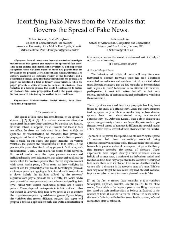 (PDF) Identifying Fake News from the Variables that Governs the Spread ...
