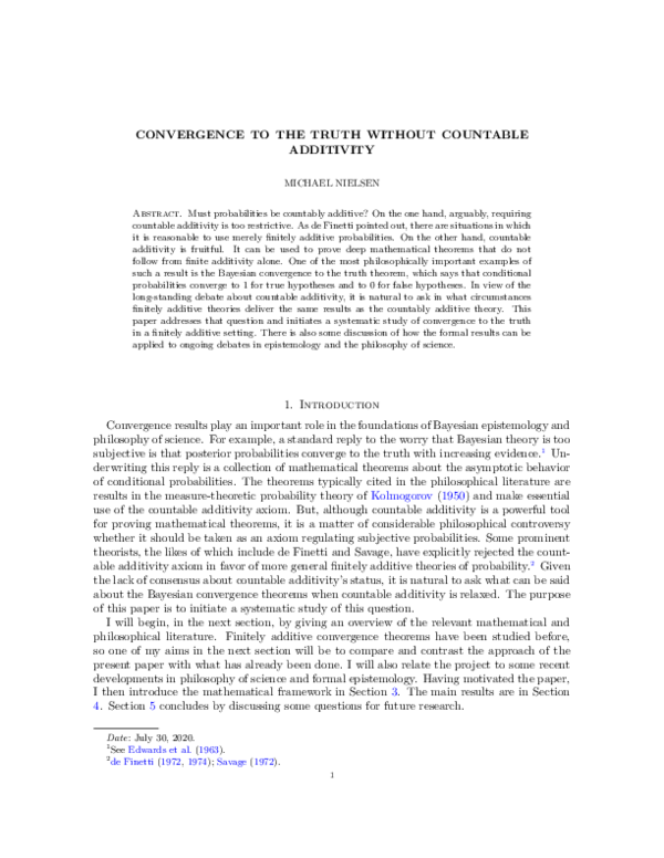 (PDF) Convergence to the Truth Without Countable Additivity